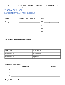 Data sheet chem lab - experiment 2: ph and buffers | PDF