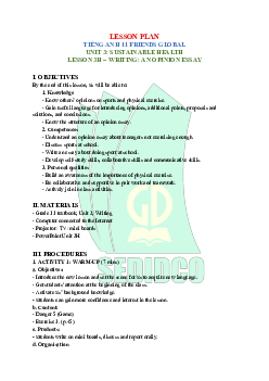 Unit 3: Sustainable health - Lesson plan 3H | Giáo án Tiếng Anh 11 Friends Global | PDF