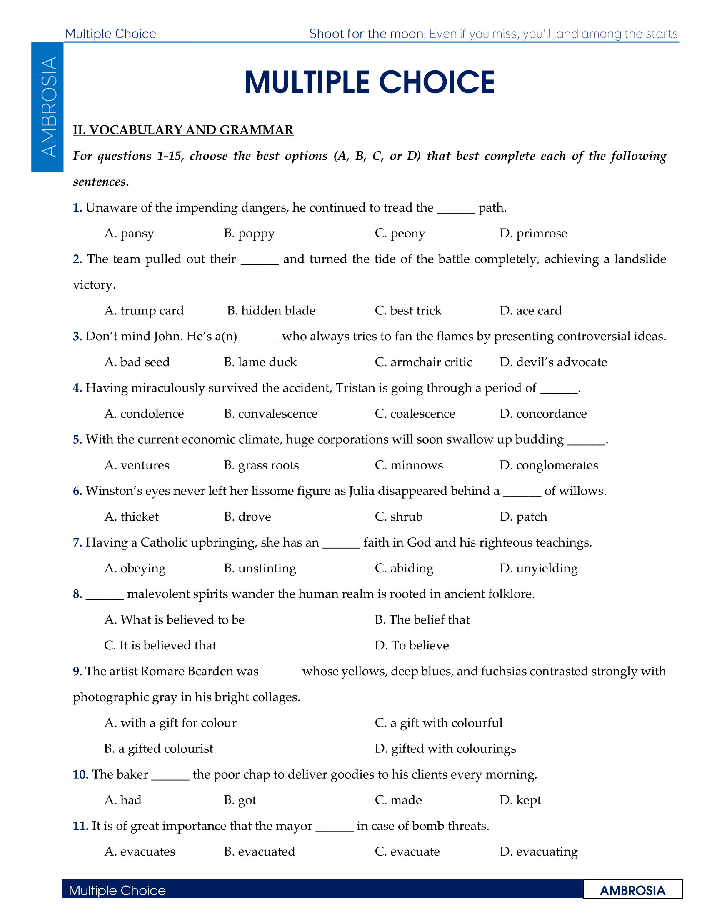 (Ambrosia) Multiple choice - Vocabulary and grammar with key (2 pages ...